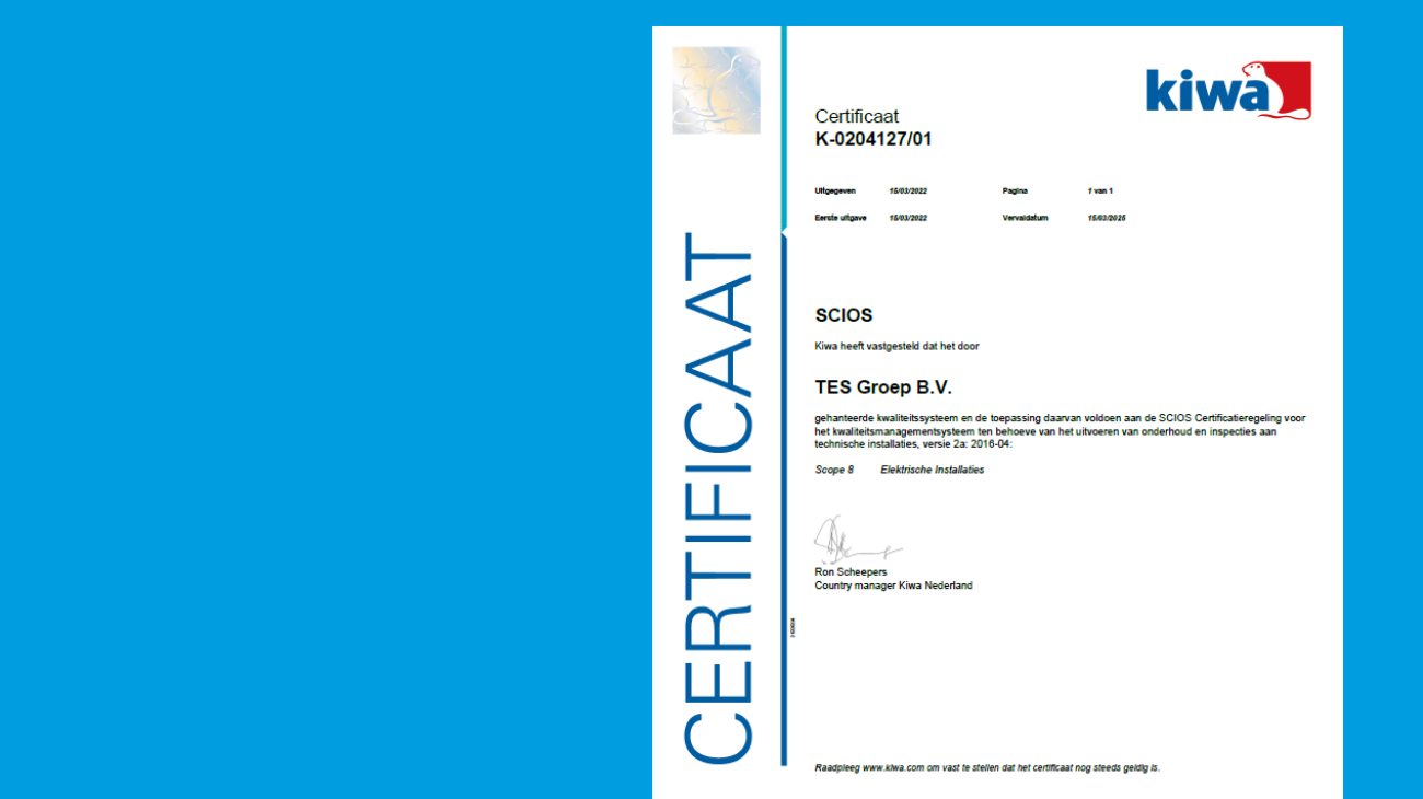 Wij zijn SCIOS Scope 8 gecertificeerd! | TES Installatietechniek